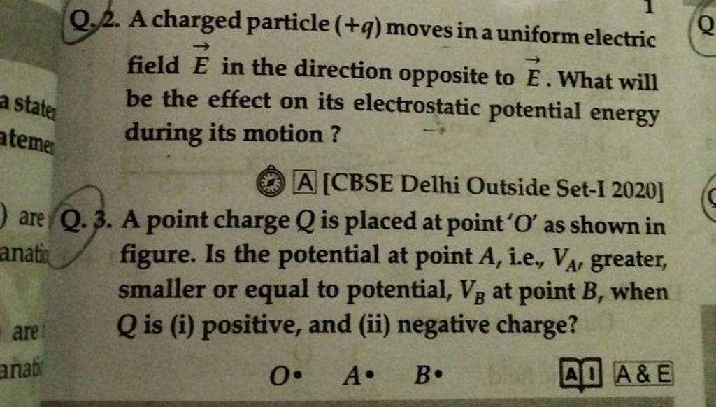 Q.2. A charged particle (+q) moves in a uniform electric field E in the d..