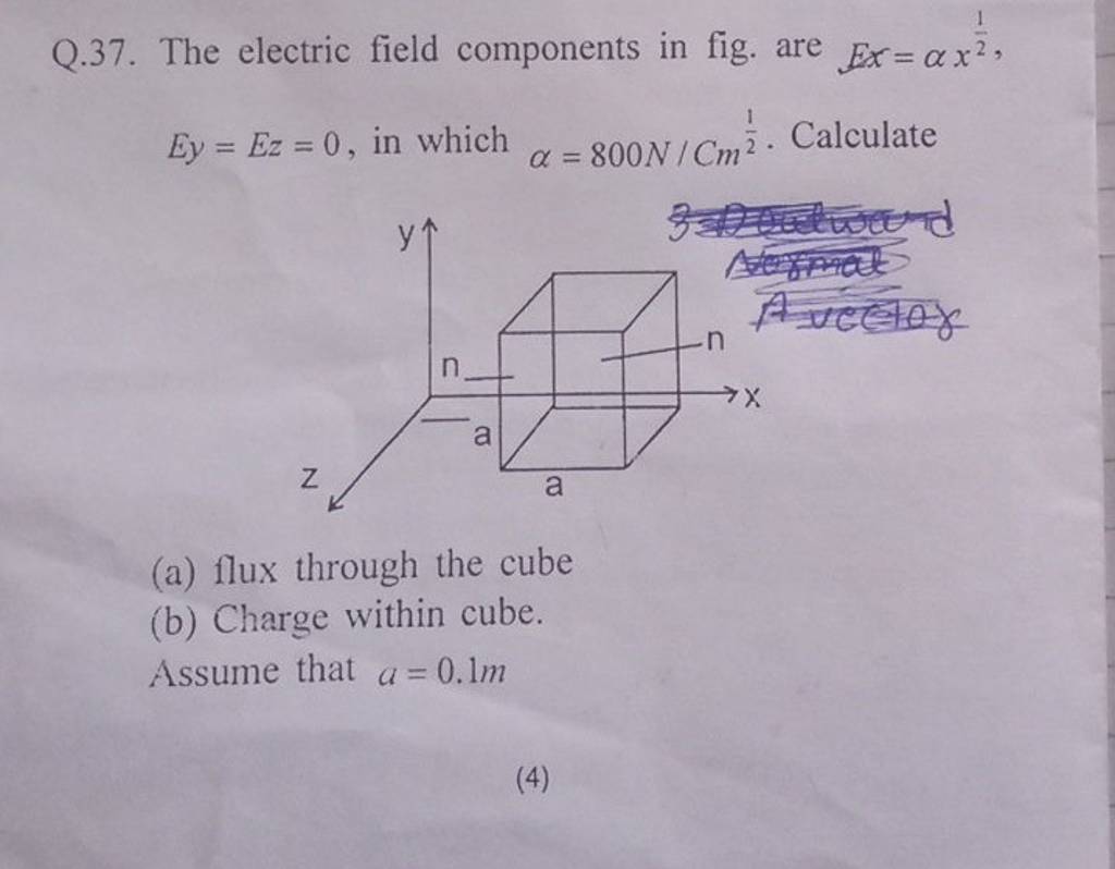 Q.37. The electric field components in fig. are Ex=αx21 , Ey=Ez=0, in whi..