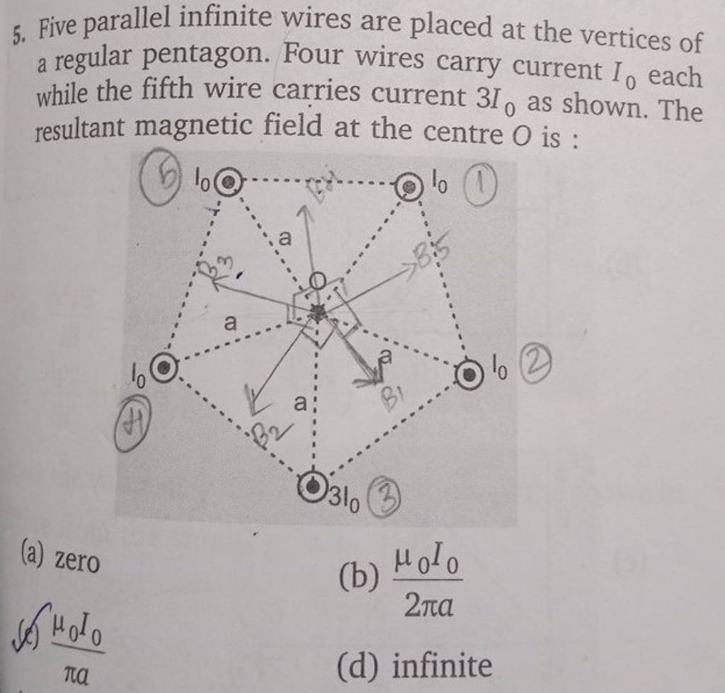 5. Five parallel infinite wires are placed at the vertices of a regular p..