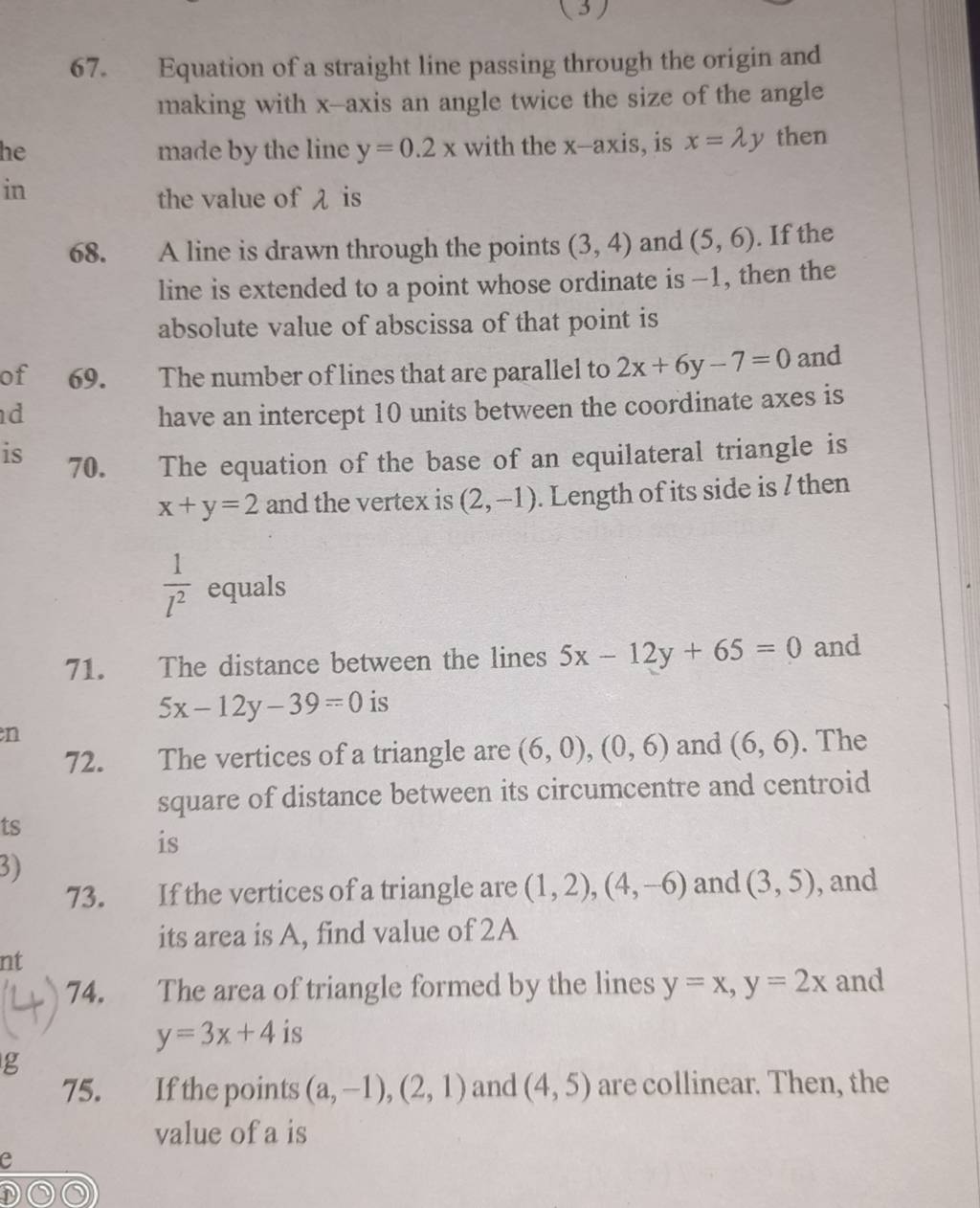 67. Equation of a straight line passing through the origin and making wit..