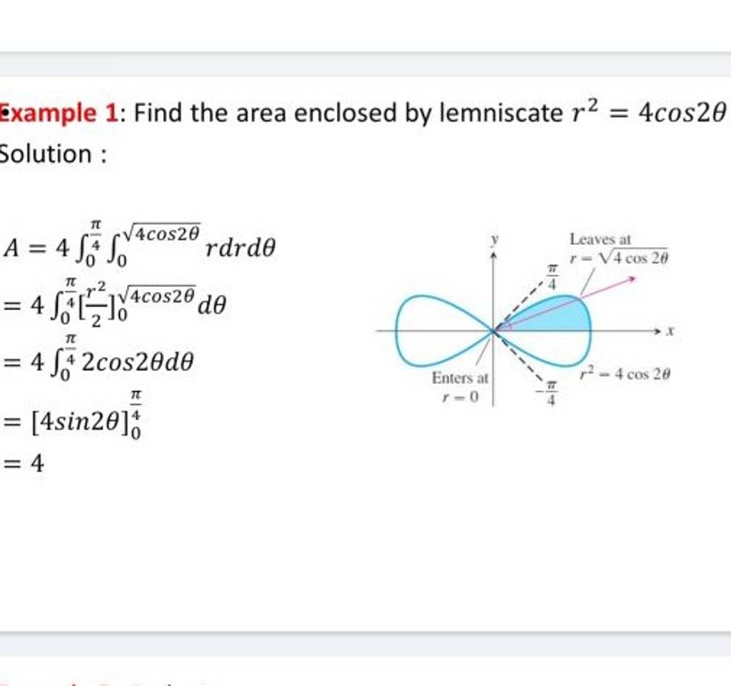 Example 1: Find the area enclosed by lemniscate r2=4cos2θ Solution