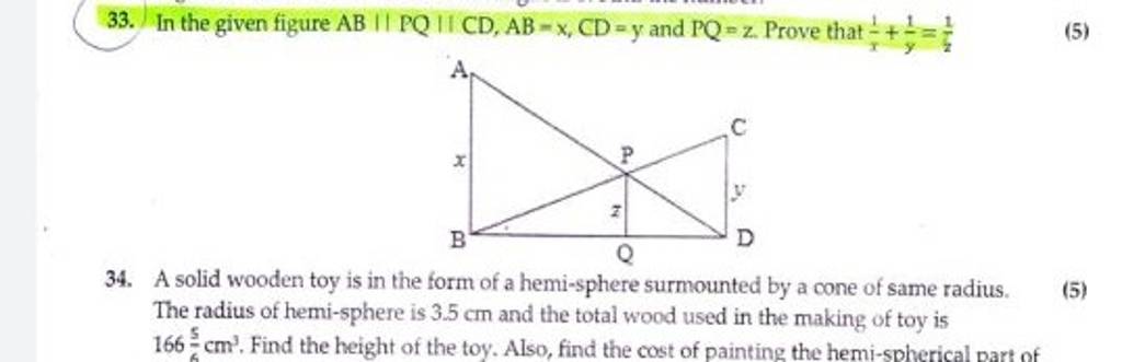 33. In the given figure AB∥PQ∥CD,AB=x,CD=y and PQ=z. Prove that x1 +y1 =2..