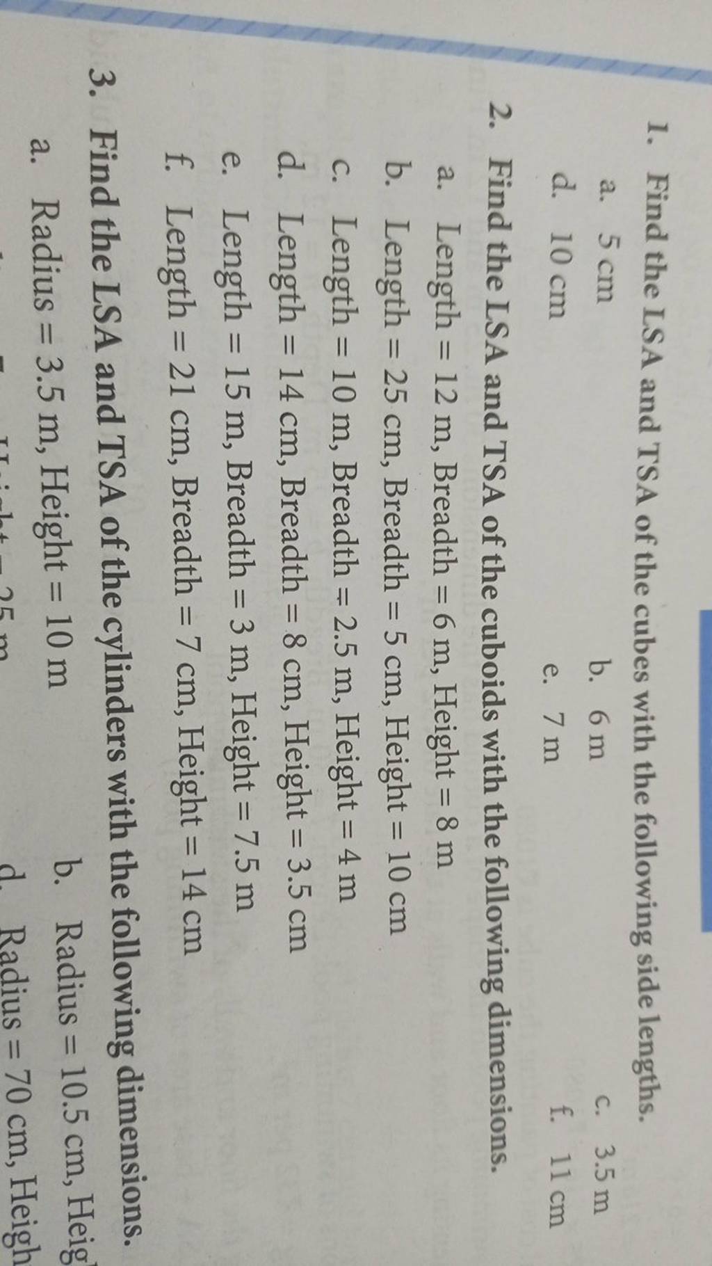 Find the LSA and TSA of the cubes with the following side lengths. | Filo