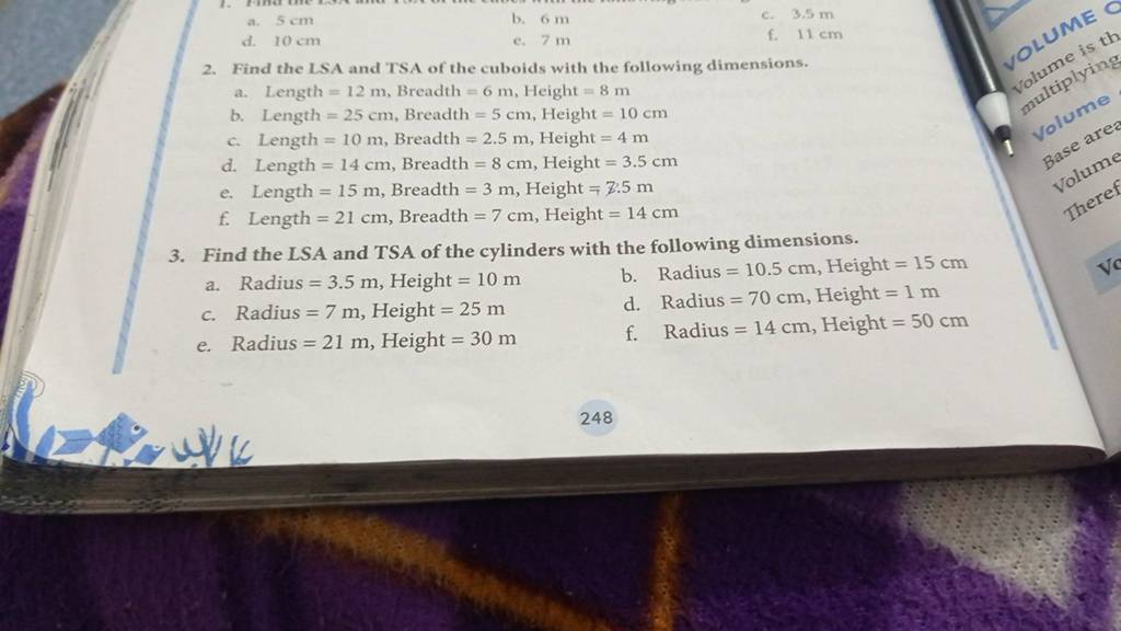 d. 10 cm b. 6 m c. 3.5 m 2. Find the LSA and TSA of the cuboids with the