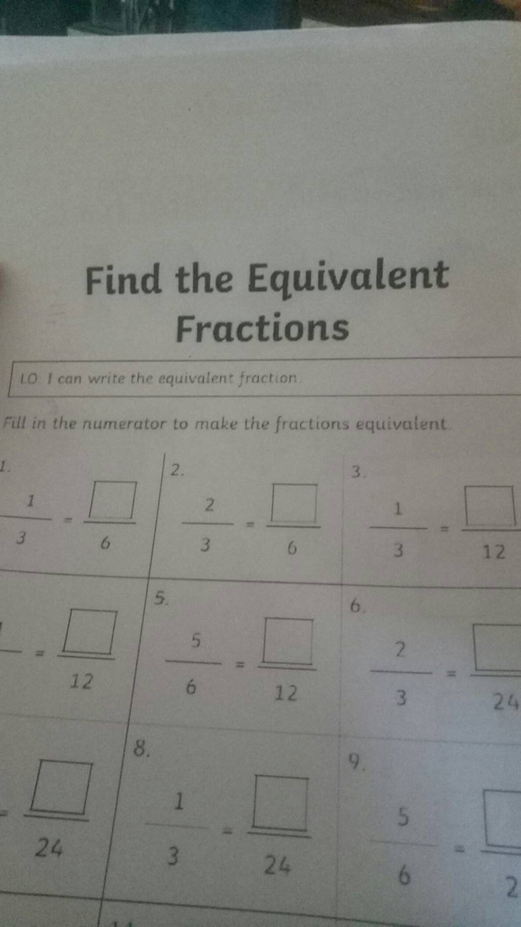 Find the Equivalent Fractions 10 I can write the equivalent fraction. Fil..