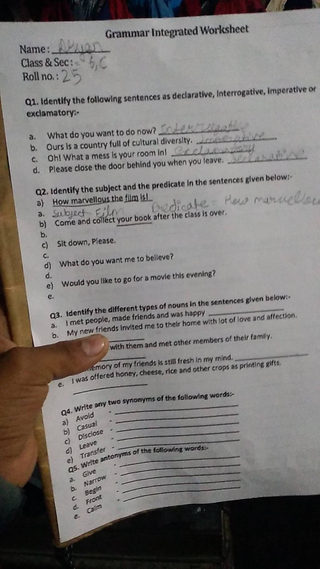 Name Grammar Integrated Worksheet Class Sec 6 C Roll No 2i Q1 Ide Name Grammar Integrated Worksheet Class Sec 6 C Roll No 2i Q1 Ide