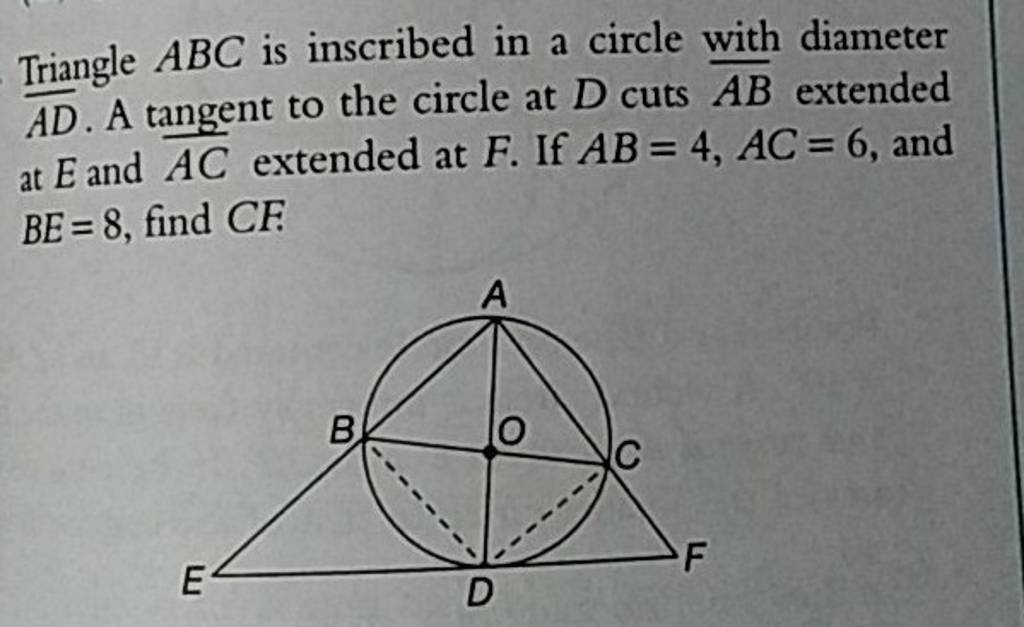 Triangle ABC is inscribed in a circle with diameter AD. A tangent to the