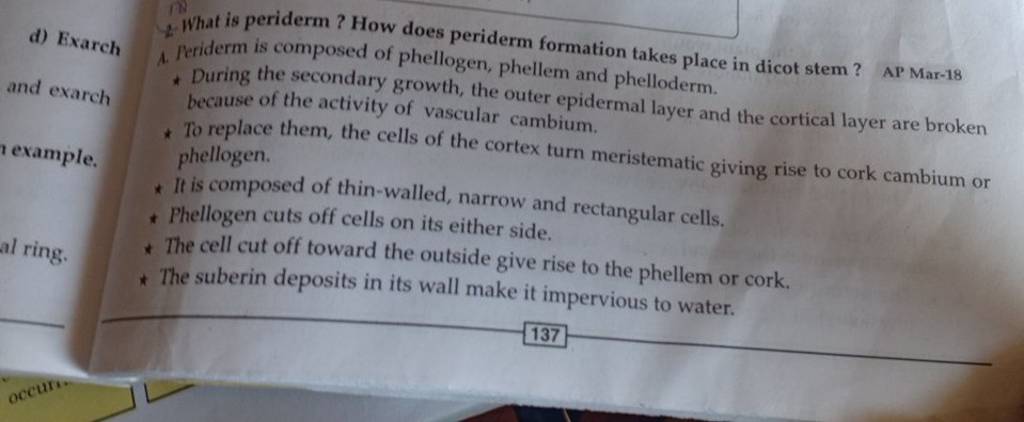 d) Exarch A. What is periderm ? How does periderm formation takes place i..