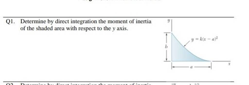 Q1. Determine by direct integration the moment of inertia of the shaded a..
