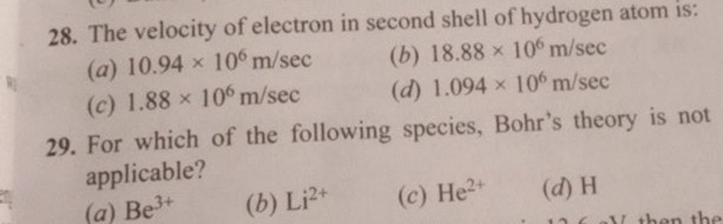 The Velocity Of Electron In Second Shell Of Hydrogen Atom Is Filo