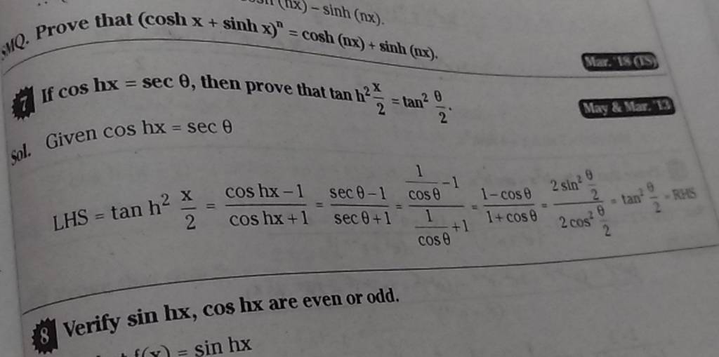 MQ. Prove that (coshx+sinhx)n=cosh(nx)+sinh(nx) 17. If coshx=secθ, then p..