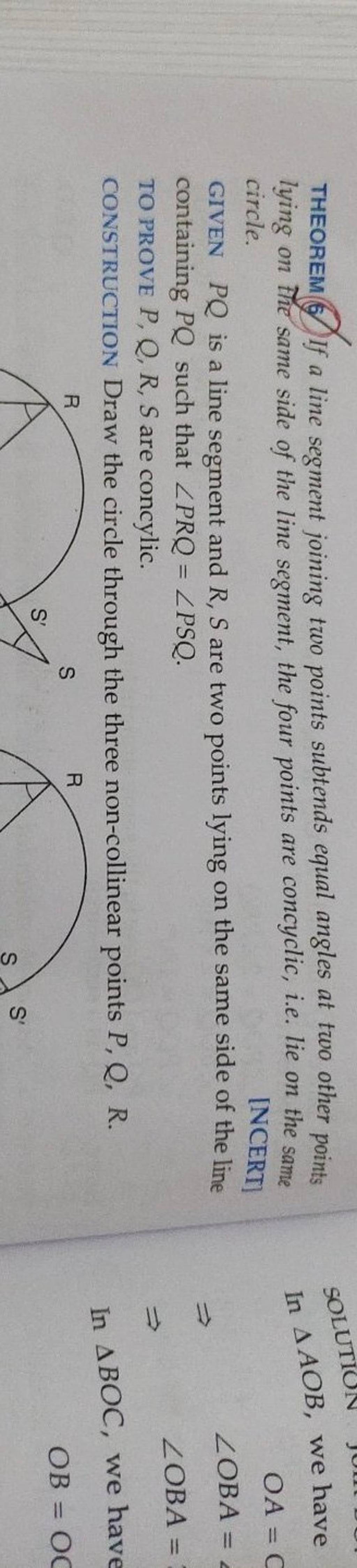 Theorem6 If A Line Segment Joining Two Points Subtends Equal Angles At