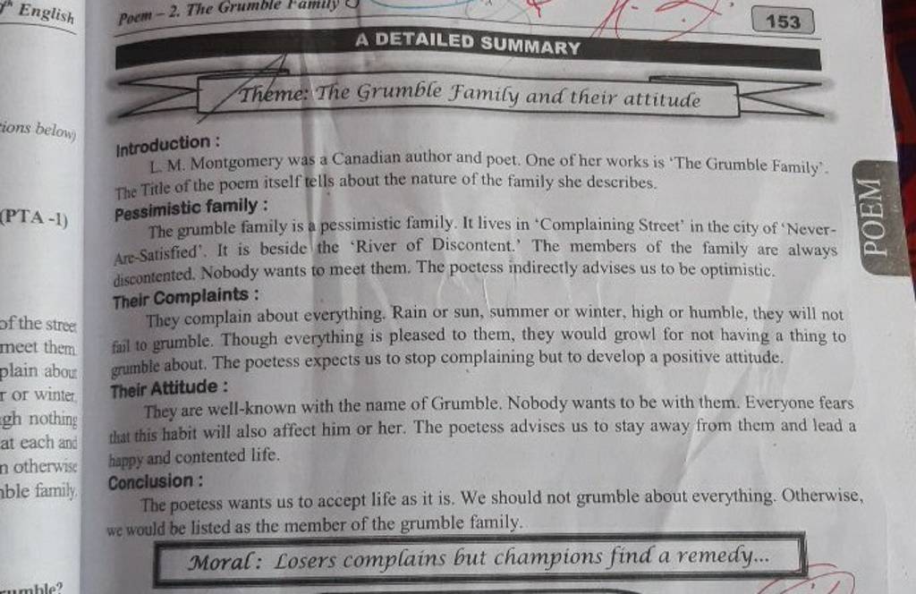 A DETAILED SUMMARY 153 Theme: The Grumble Family and their attitude Intro..