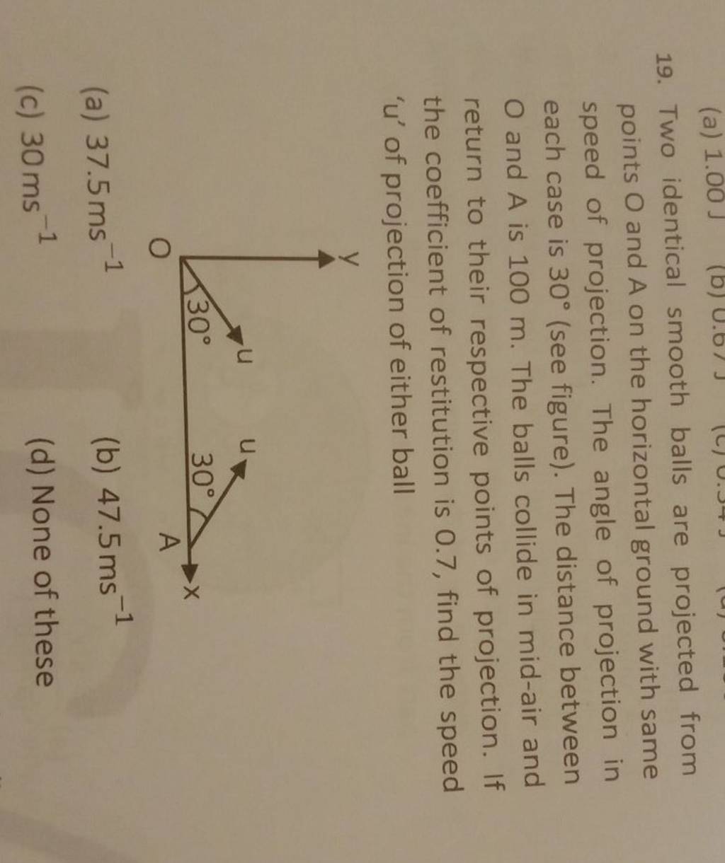 Two identical smooth balls are projected from points O and A on the horiz..