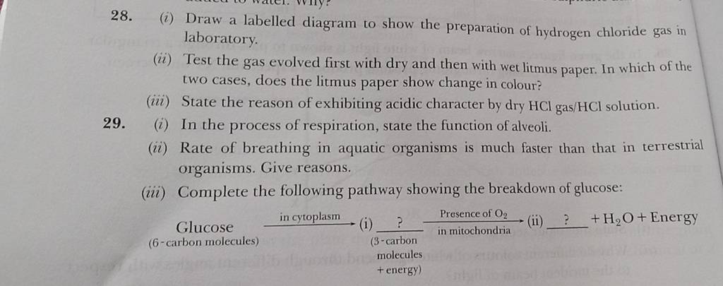 28. (i) Draw a labelled diagram to show the preparation of hydrogen chlor..