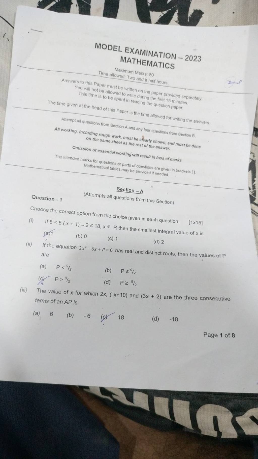 MODEL EXAMINATION - 2023 MATHEMATICS Maximum Marks: 80 Time allowed: Two