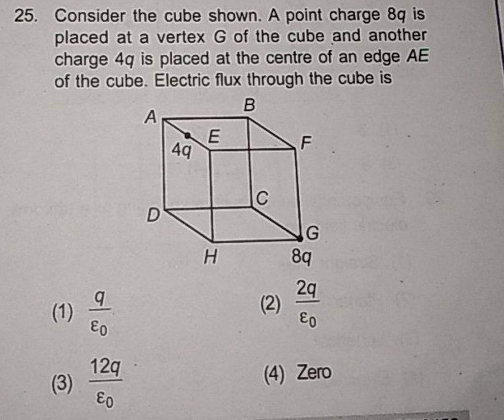 Consider the cube shown. A point charge 8q is placed at a vertex G of the.. Consider the cube shown. A point charge 8q is placed at a vertex G of the..