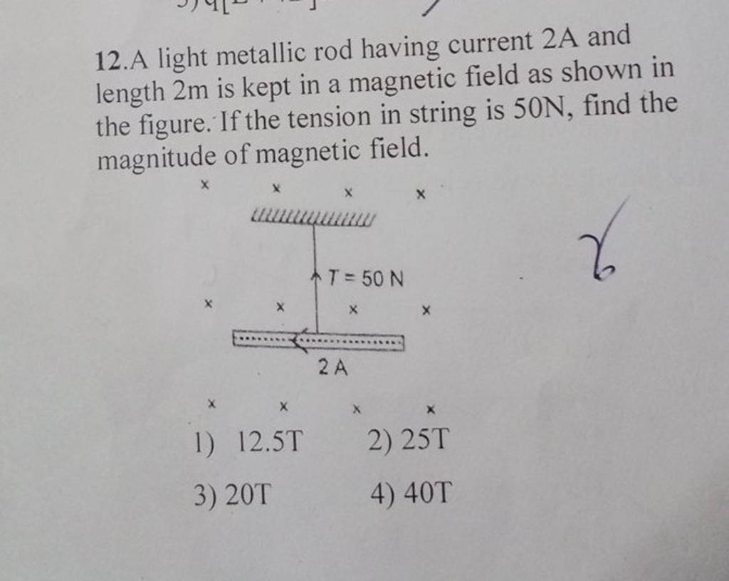 A light metallic rod having current 2 A and length 2 m is kept in a magne..