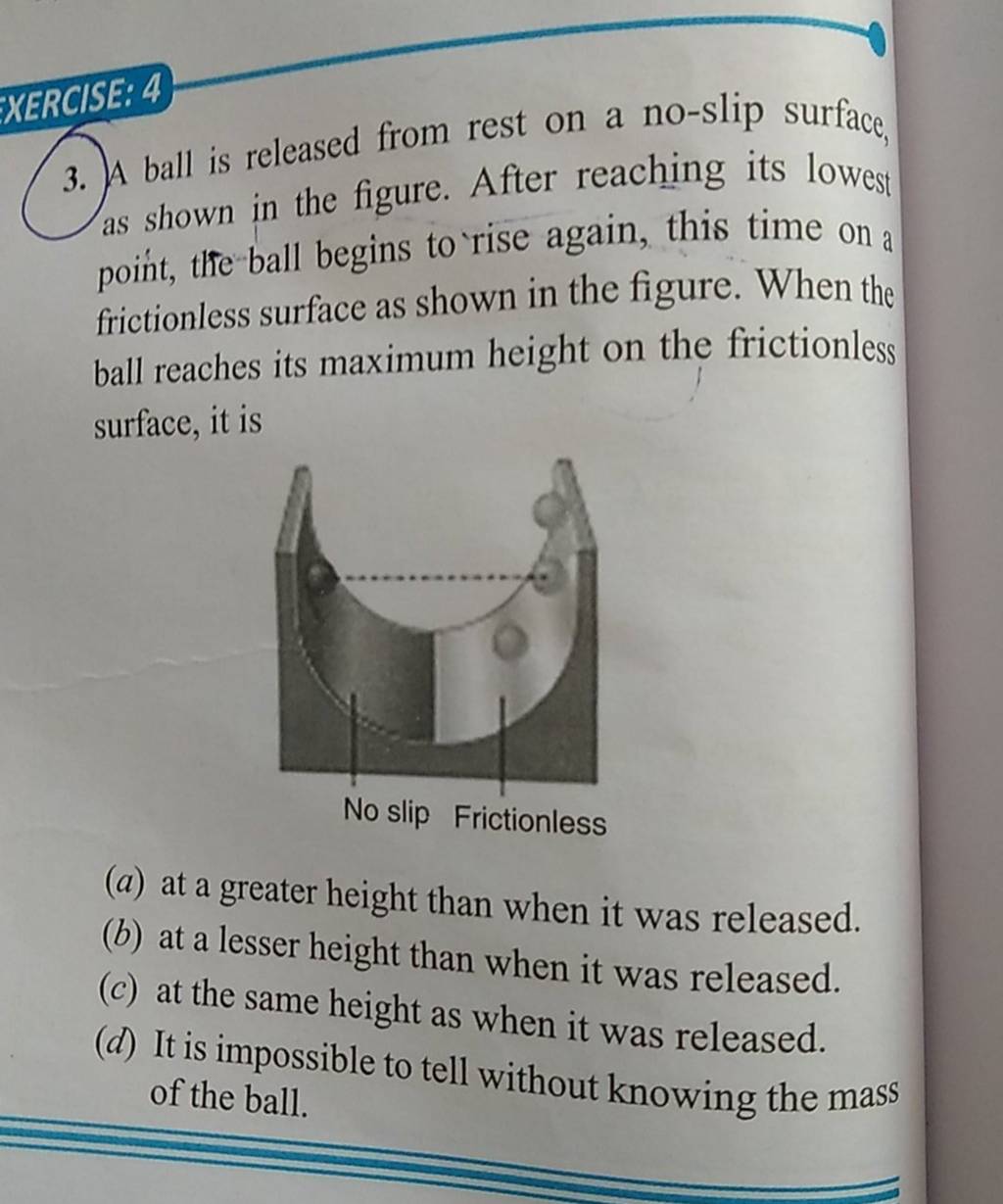 A ball is released from rest on a no-slip surface, as shown in the figure..