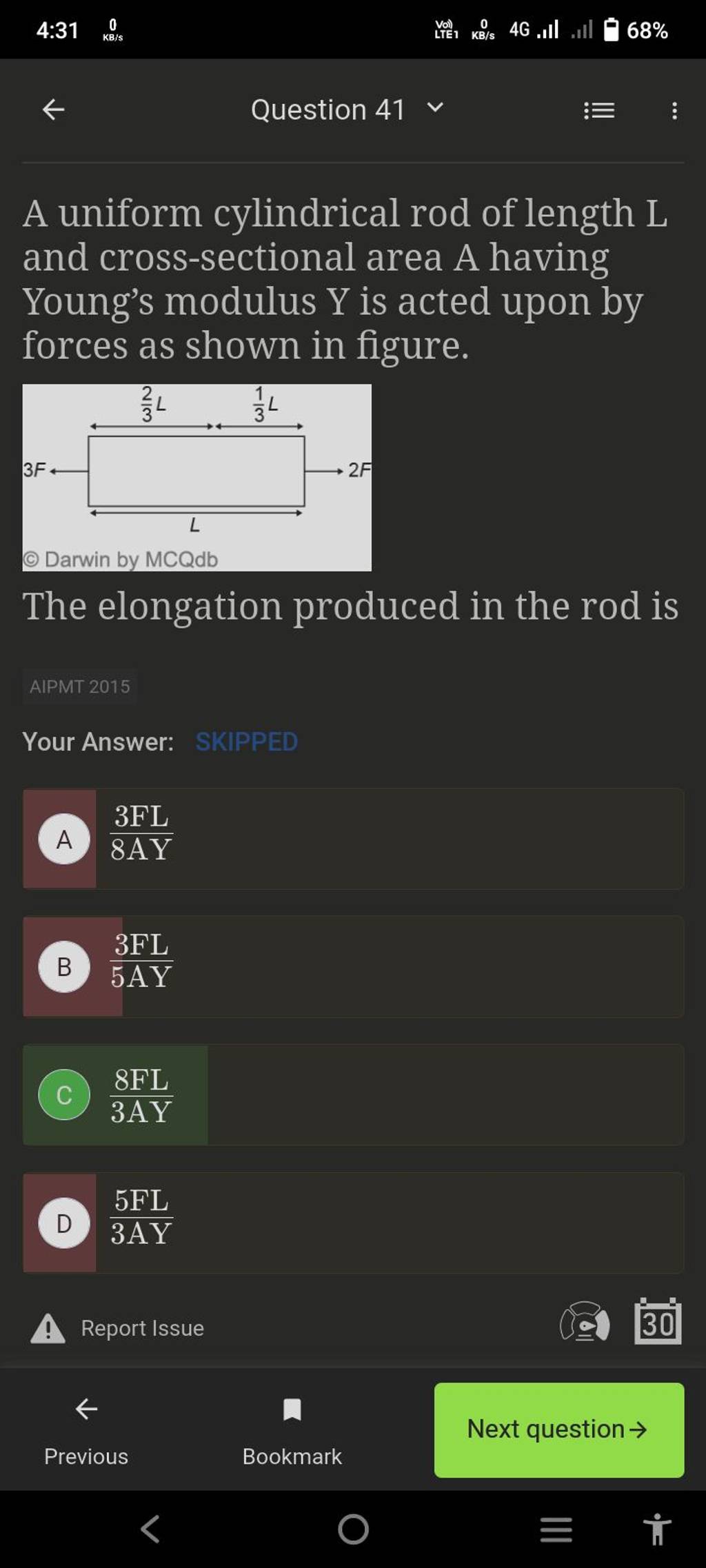 A uniform cylindrical rod of length L and cross-sectional area A having Y..