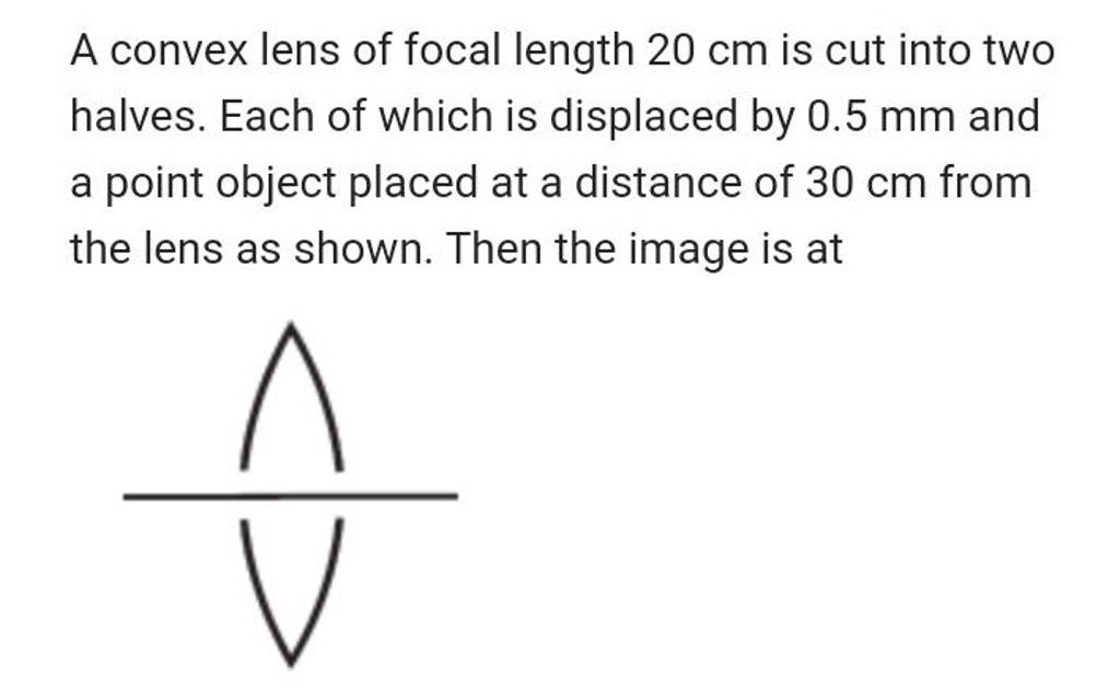 A convex lens of focal length 20 cm is cut into two halves. Each of which..