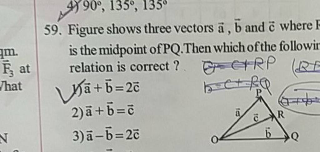 59. Figure shows three vectors a,b and c where is the midpoint of PQ. The..