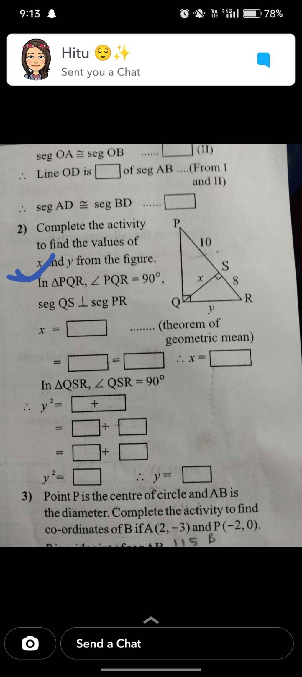Hitu Sent you a Chat segOA≅segOB (II) ∴ Line OD is of segAB....(From I