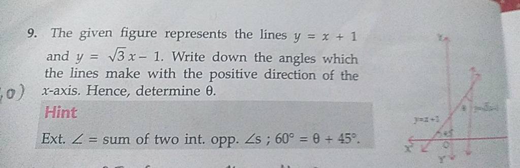 9. The given figure represents the lines y=x+1 and y=3 x−1. Write down th..