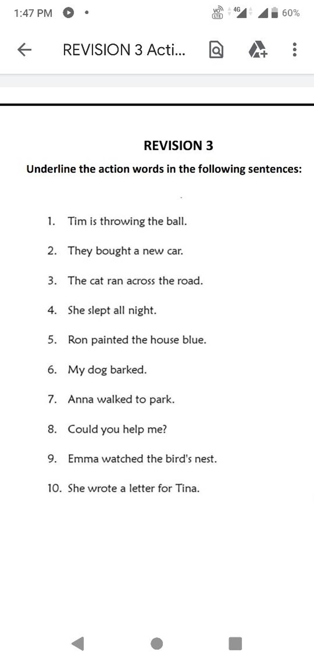 REVISION 3 Acti... REVISION 3 Underline the action words in the following..