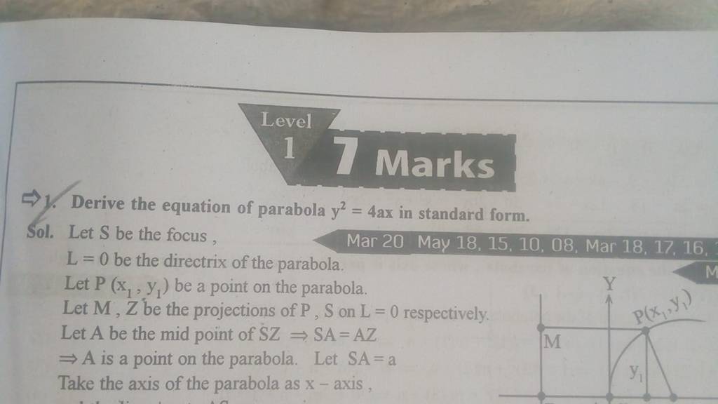Level 1 Marks 91. Derive the equation of parabola y2=4ax in standard form..