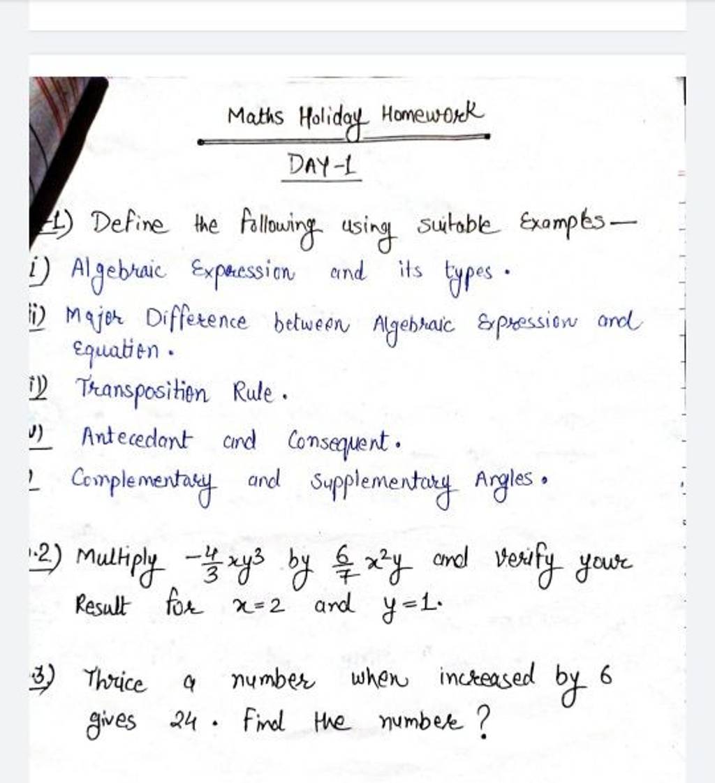 Maths Holiday Homework DAY-1 1) Define the following using suitable Examp..