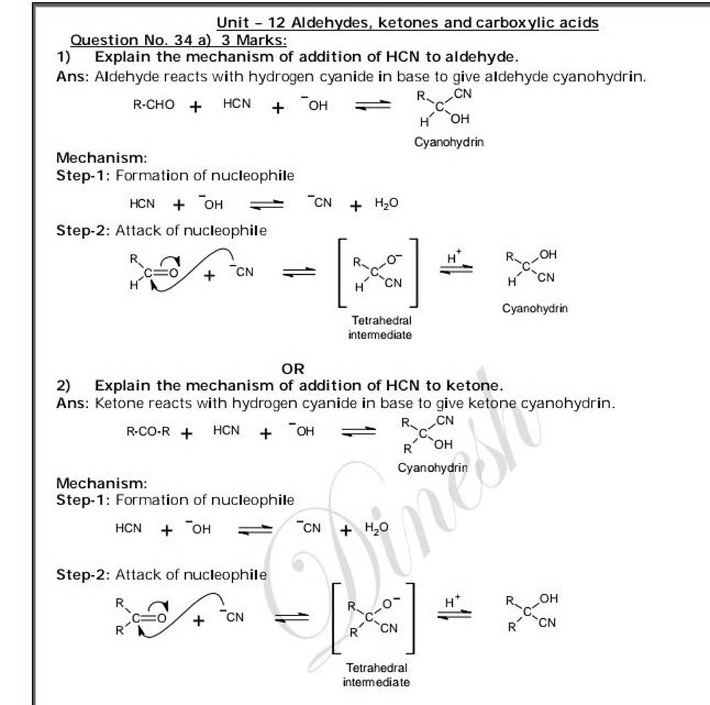 Unit - 12 Aldehydes, ketones and carboxylic acids 1) Explain the mechanis..