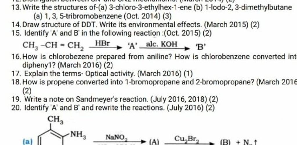 13. Write the structures of-(a) 3-chloro-3-ethylhex-1-ene (b) 1-lodo-2, 3..