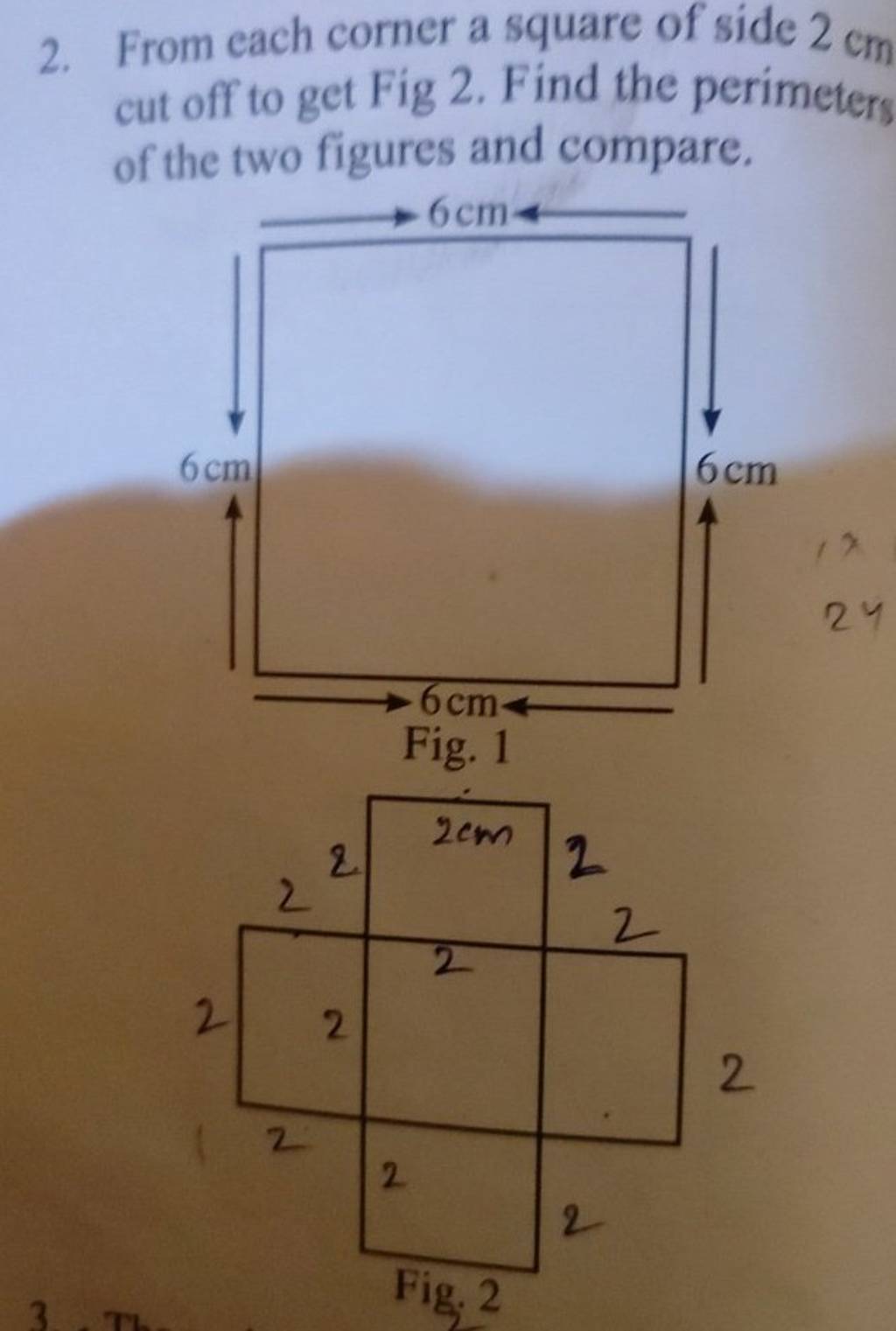 2. From each corner a square of side 2 cm cut off to get Fig 2. Find the