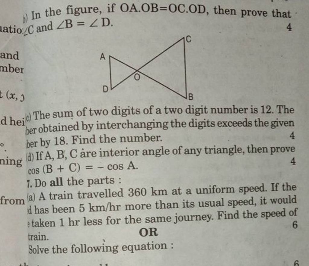 6) In the figure, if OA⋅OB=OC.OD, then prove that atio: ∠C and ∠B=∠D. 4