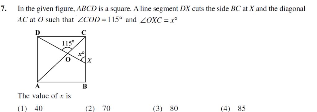 7. In the given figure, ABCD is a square. A line segment DX cuts the side..