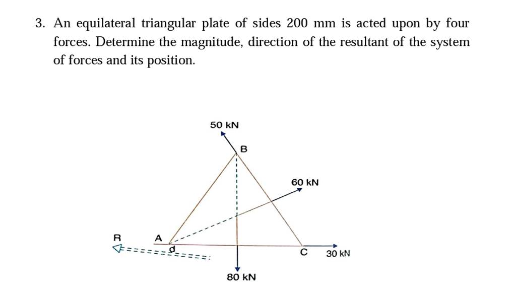 3. An equilateral triangular plate of sides 200 mm is acted upon by four