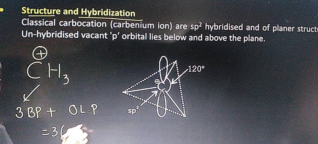 Structure and Hybridization Classical carbocation (carbenium ion) are sp2..