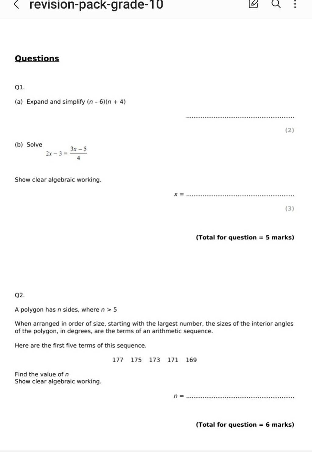 revision-pack-grade-10 Questions Q1. (a) Expand and simplify (n−6)(n+4)