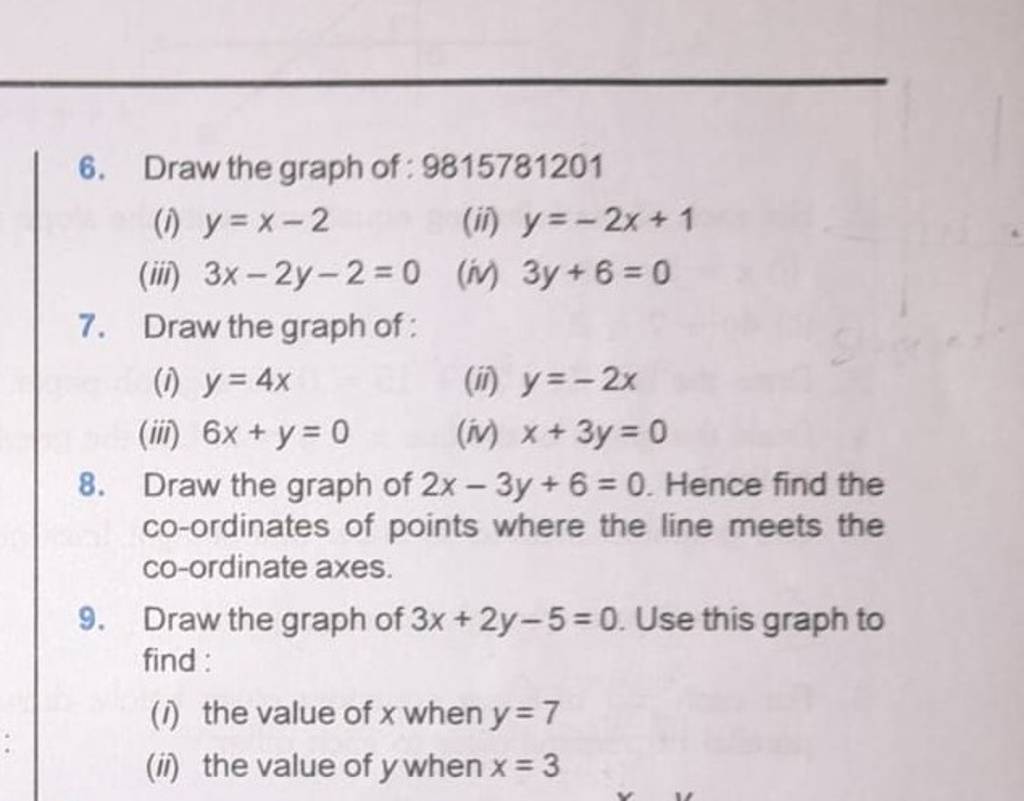 6. Draw the graph of: 9815781201 (i) y=x−2 (ii) y=−2x+1 (iii) 3x−2y−2=0