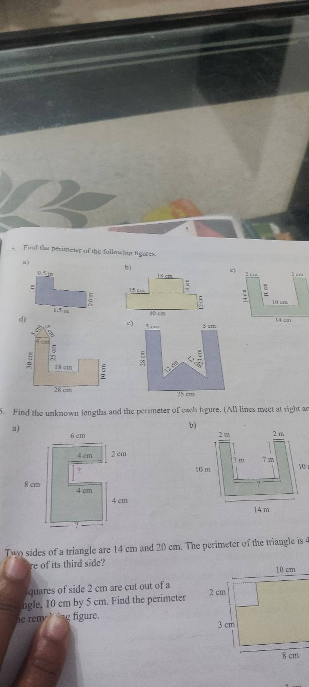 5. Find the perimeter of the following figures. Find the unknown lengths