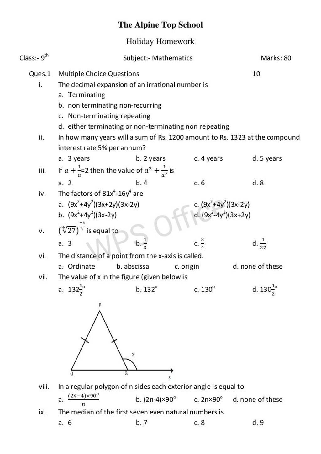 The Alpine Top School Holiday Homework Class:- 9th Subject:- Mathematics..