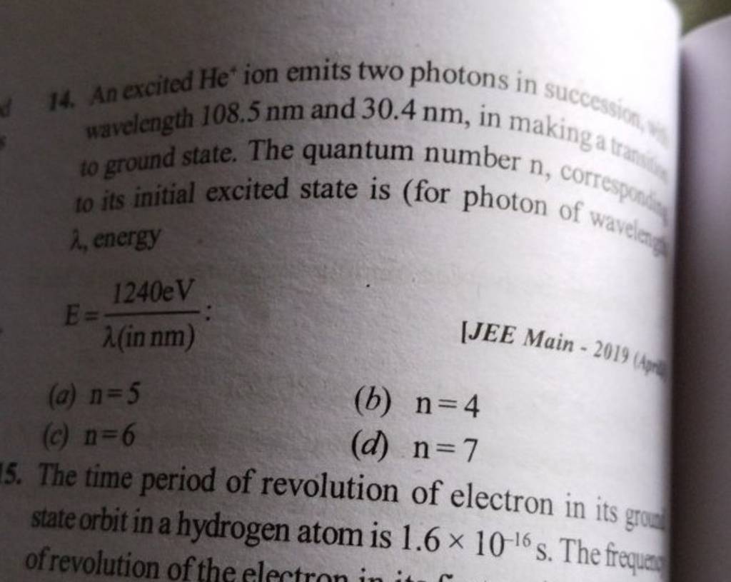 to groun E=λ( in nm)1240eV [JEE Main - 2019 ( for] | Filo