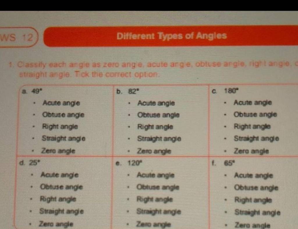 Different Types of Angles 1. Classily each angle as zero ange, acule angl..