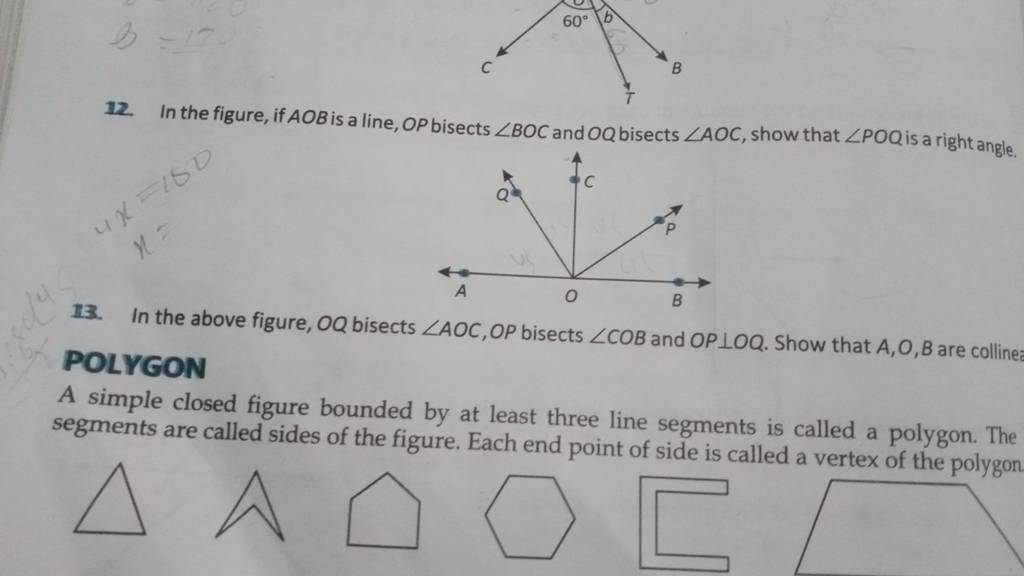 12. In the figure, if AOB is a line, OP bisects ∠BOC and OQ bisects ∠AOC,..