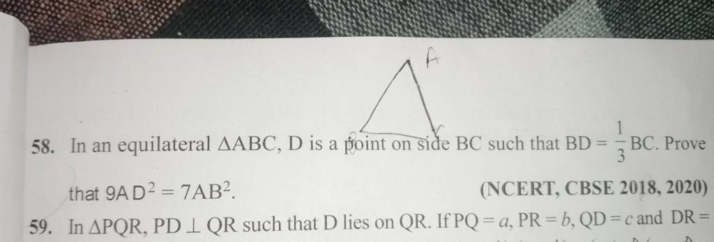 58 In An Equilateral Abc D Is A Point On Side Bc Such That Bd 31 Bc Pr