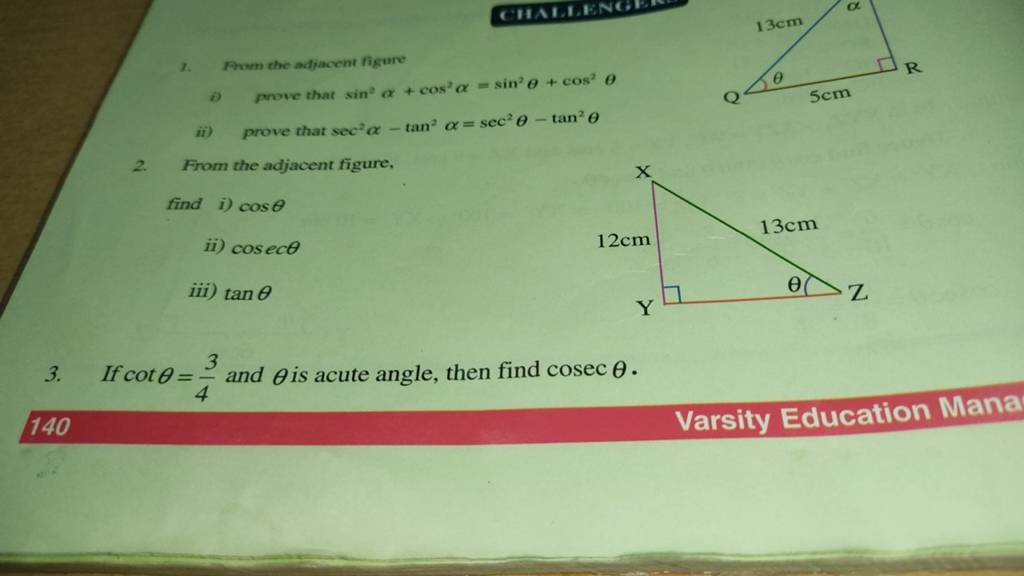 1. Fom the adiacent figured) prove that sin2α+cos2α=sin2θ+cos2θii) prove