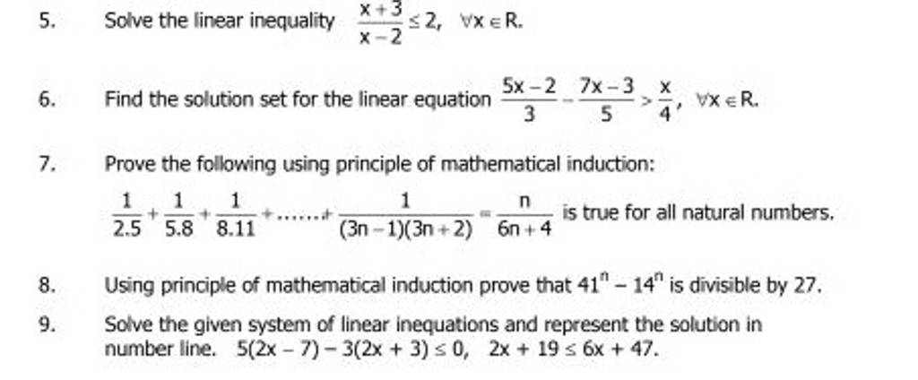 5. Solve the linear inequality x−2x+3 ≤2,∀x∈R. | Filo