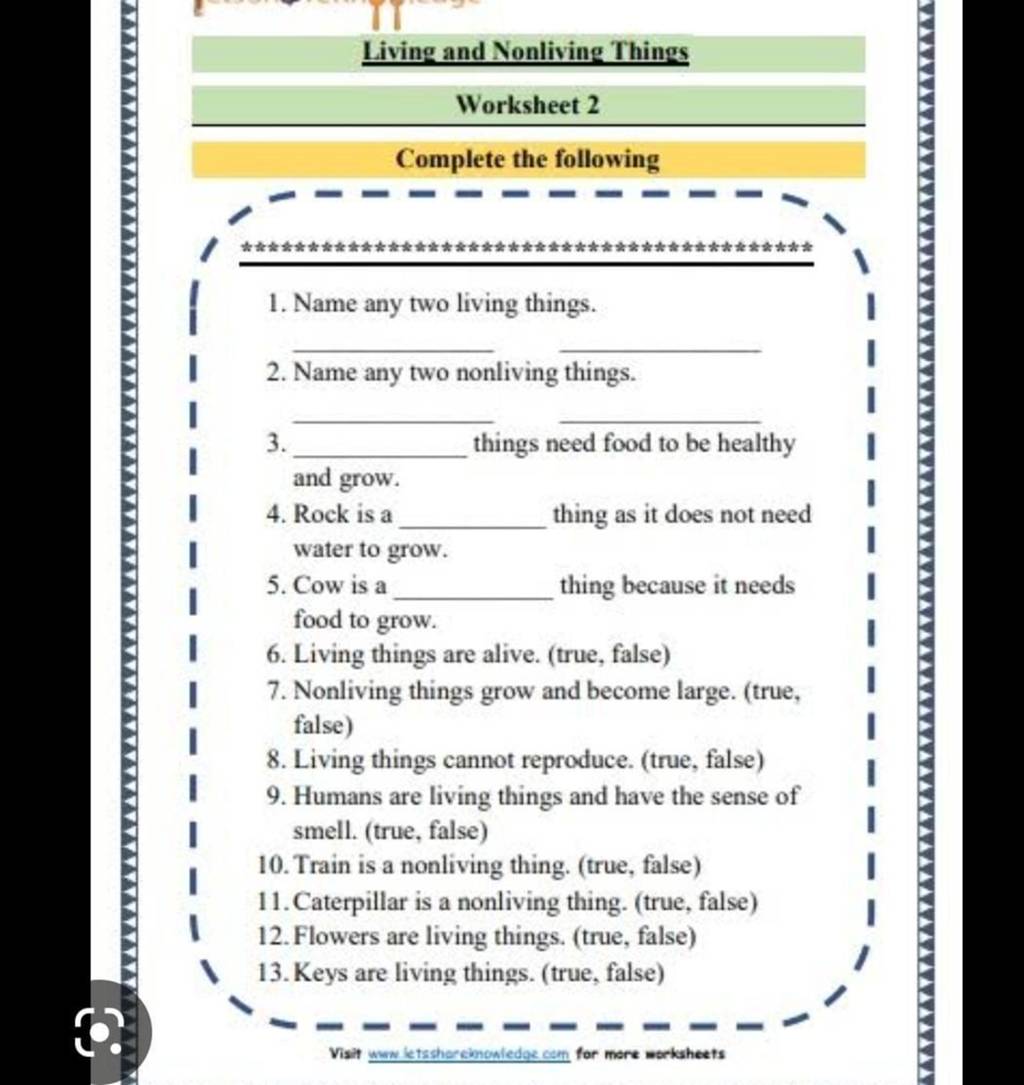 Living and Nonliving Things Worksheet 2 Complete the following | Filo