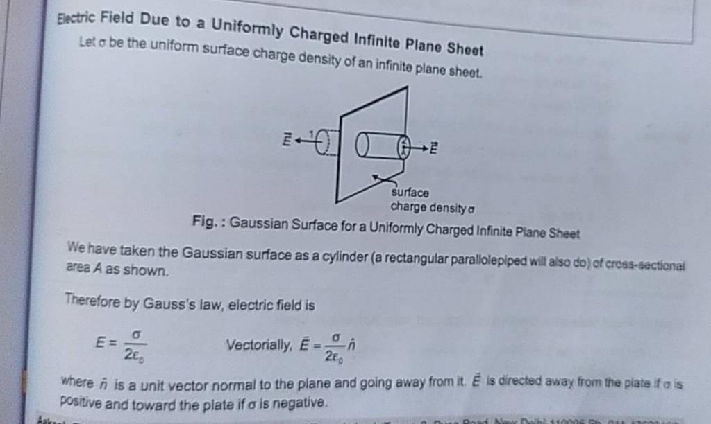 Electric Field Due To A Uniformly Charged Infinite Plane Sheot Let σ Be T